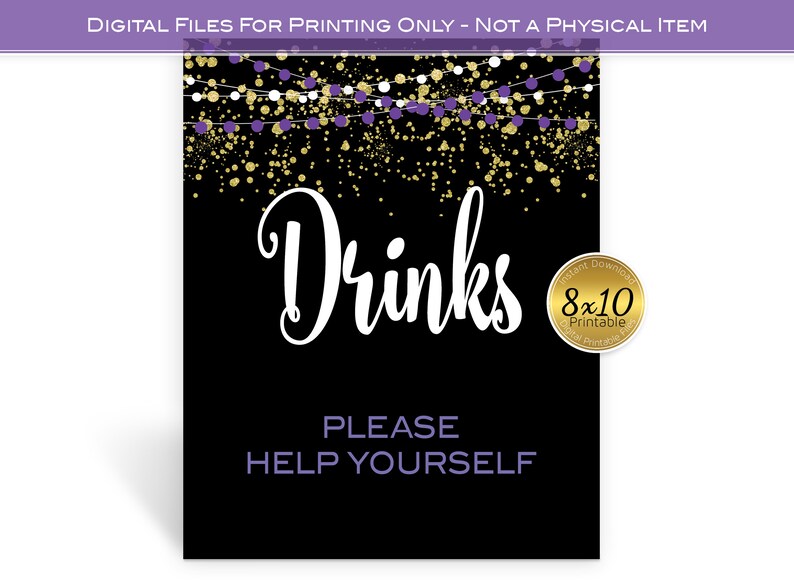 Drinks Table Sign 8x10 Printable Purple and Gold Gold | Etsy