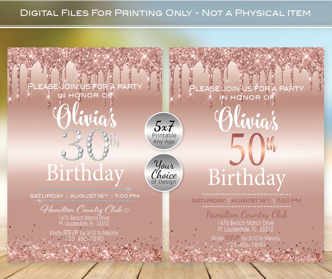 Rose Gold Glitter Drip Birthday Personalized 5x7 Invitation | Diamonds ...