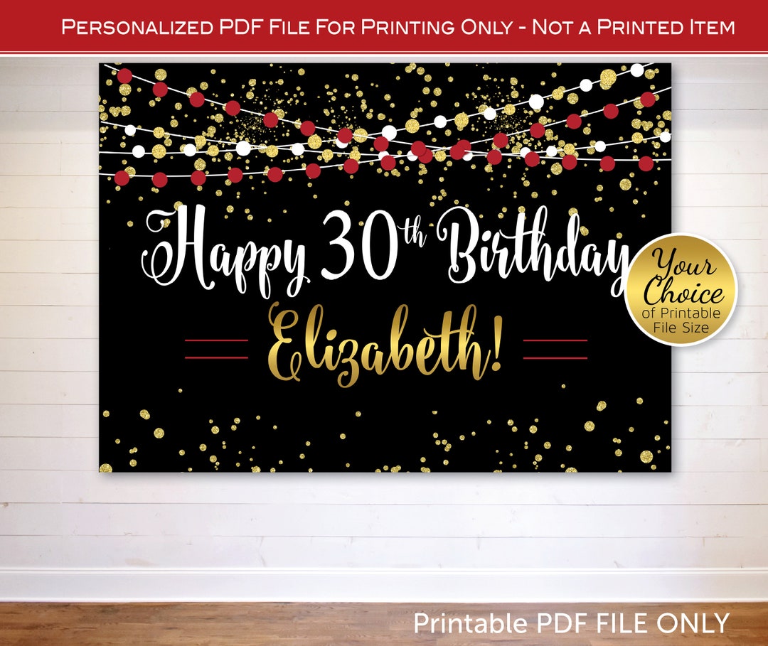 Birthday Backdrop Banner PRINTABLE Files | Silver Red Garland | Gold ...