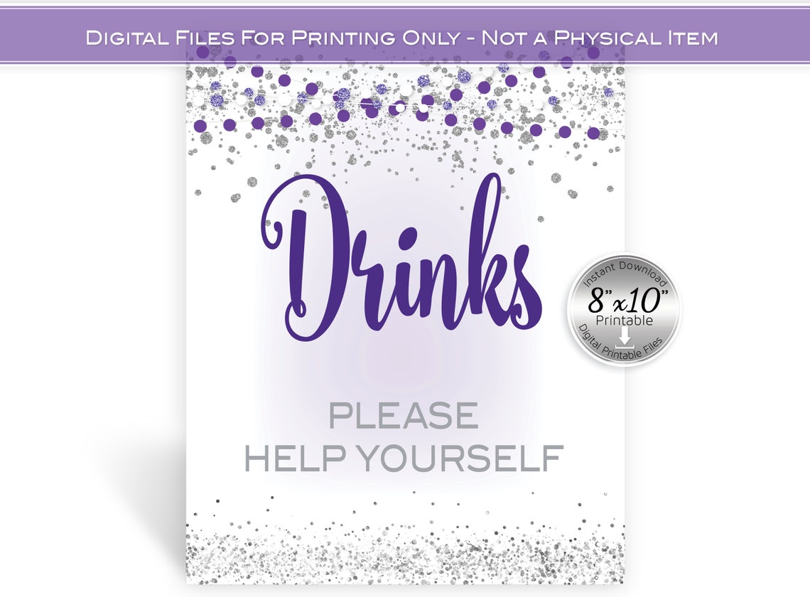 Drinks Table Sign 8x10 Printable | Purple Gold White | Garland Lights ...