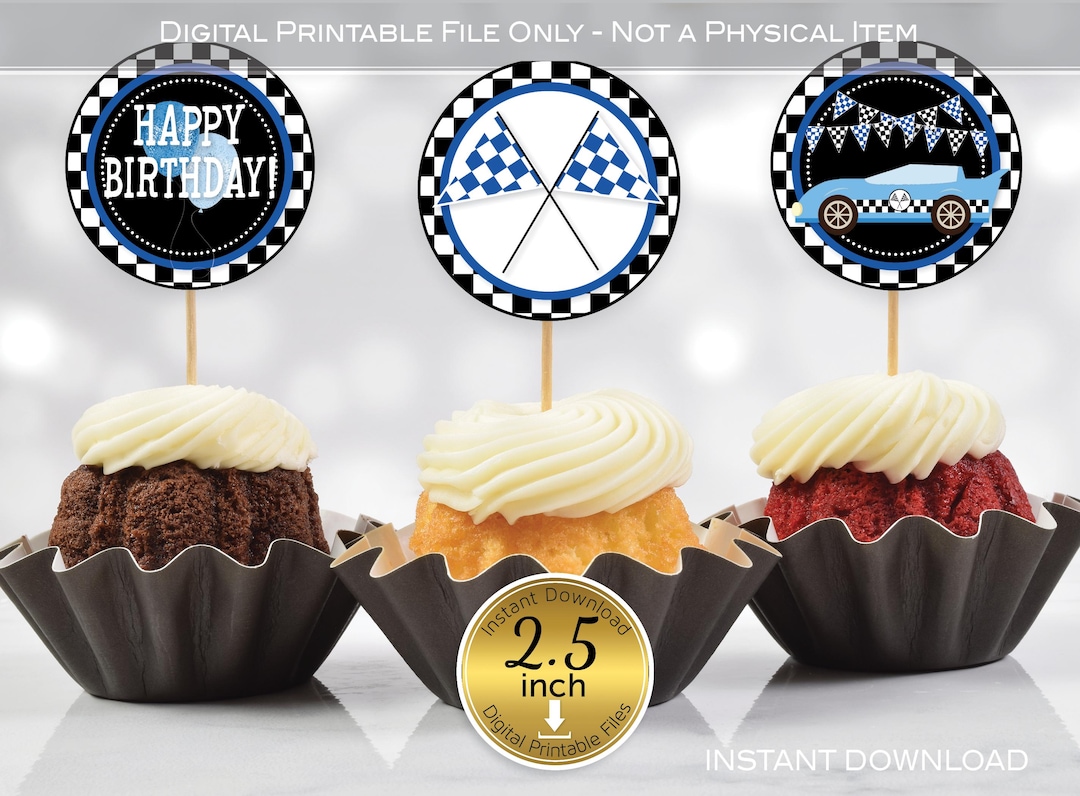 Race Car Birthday Cupcake Toppers | 2.5 Inch | Blue | Black and White ...