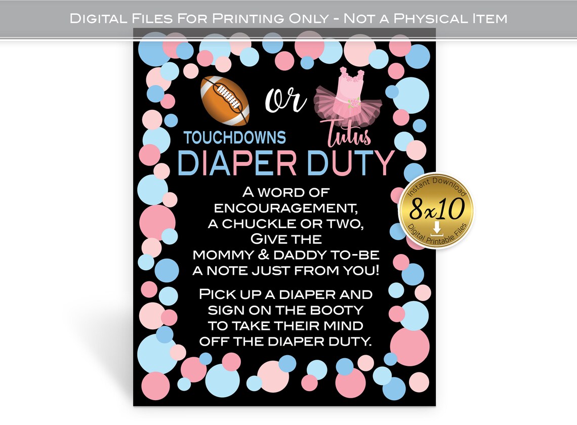 Diaper Duty Printable 8x10 Sign | Touchdowns or Tutus | Gender Reveal ...
