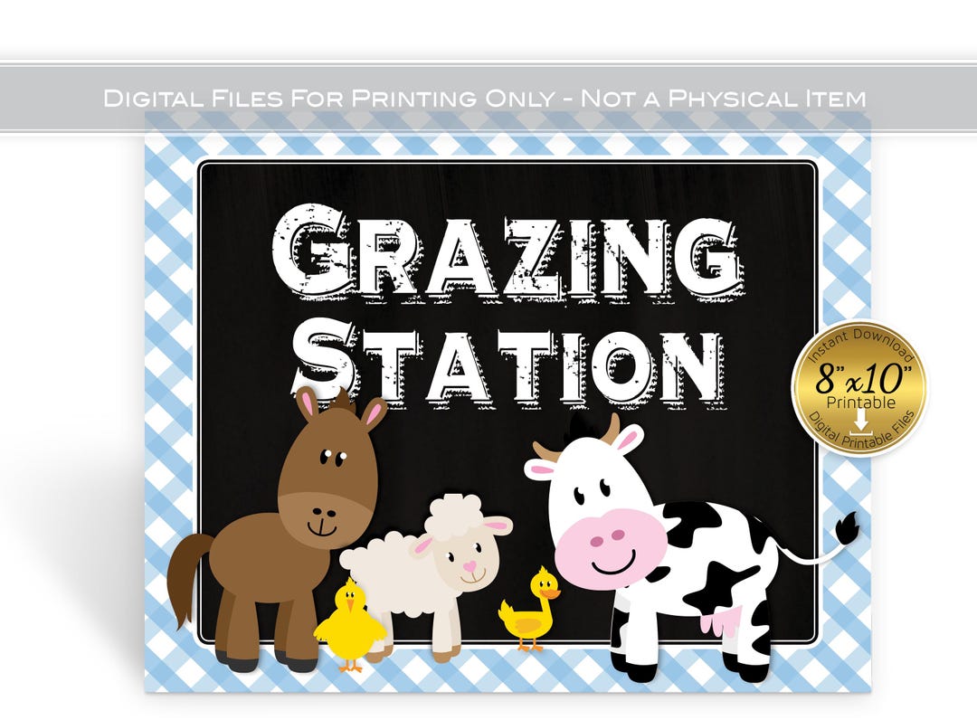 Farm Animals Grazing Station 8x10 Sign |barnyard | Blue Gingham | Faux ...