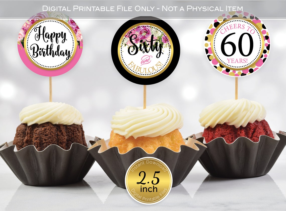 Round Cupcake Toppers 60th Birthday Cheers to 60 Years | Etsy