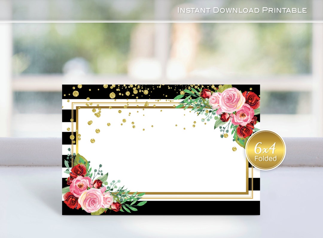 Tent-folding 4x6 Menu Card | Black White Stripes | Red and Pink Flowers ...