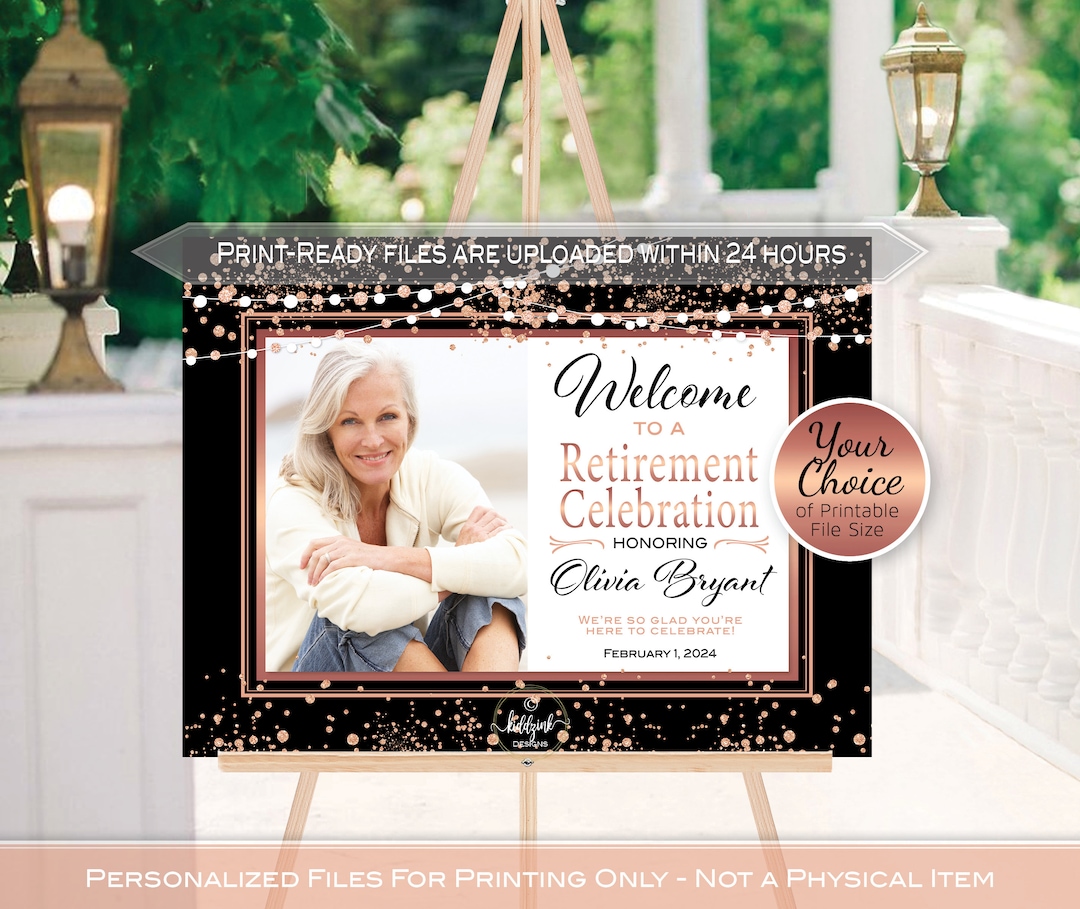 Retirement Welcome Sign | Garland Lights Rose Gold Confetti on Black ...