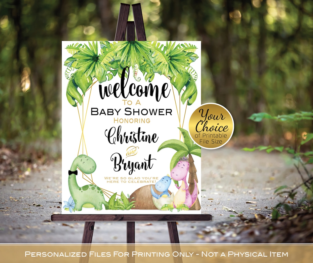 Dinosaur Baby Shower Welcome Sign | Hatching Baby Dino | With Gold ...