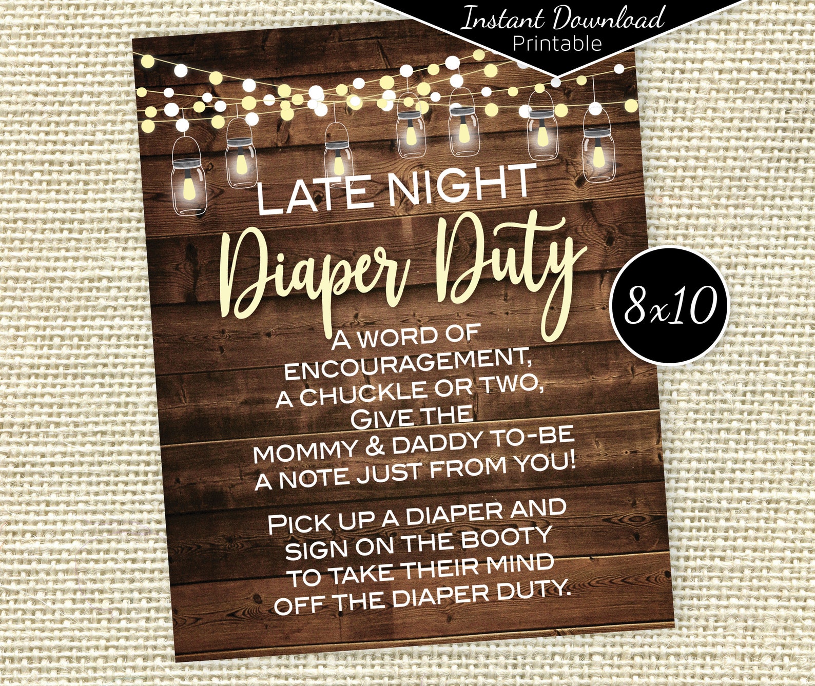 Diaper Duty Printable 8x10 Sign for Baby Shower | Garland Lights and ...