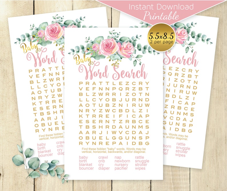 Baby Shower Word Search Game Pink Blush Gold Eucalyptus - Etsy