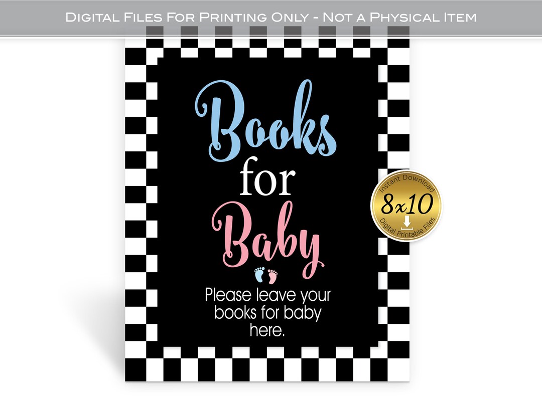 Books for Baby Table Sign 8x10 Printable Racecar Black White Pink Blue ...