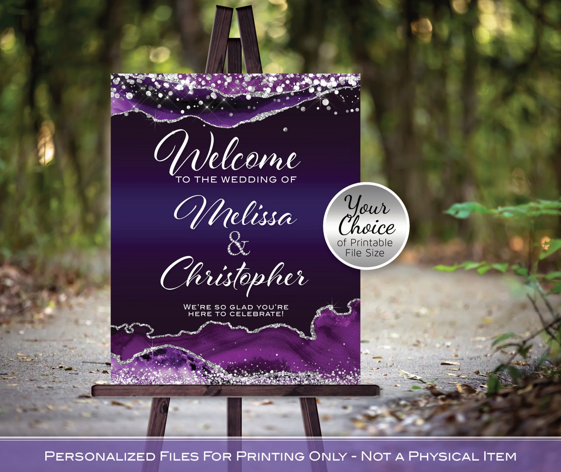 Wedding Welcome Sign Printables | Purple and Silver Agate | Silver ...