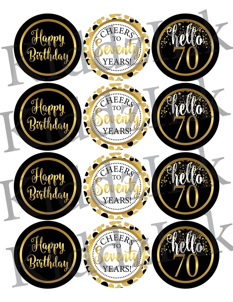Round Cupcake Toppers | 70th Birthday | 2.5 X 2.5 Inches | Black White ...
