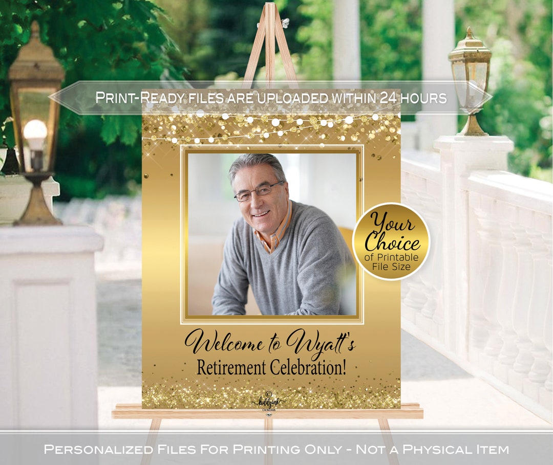Retirement Welcome Sign | Garland Lights Gold Confetti on Faux Gold ...