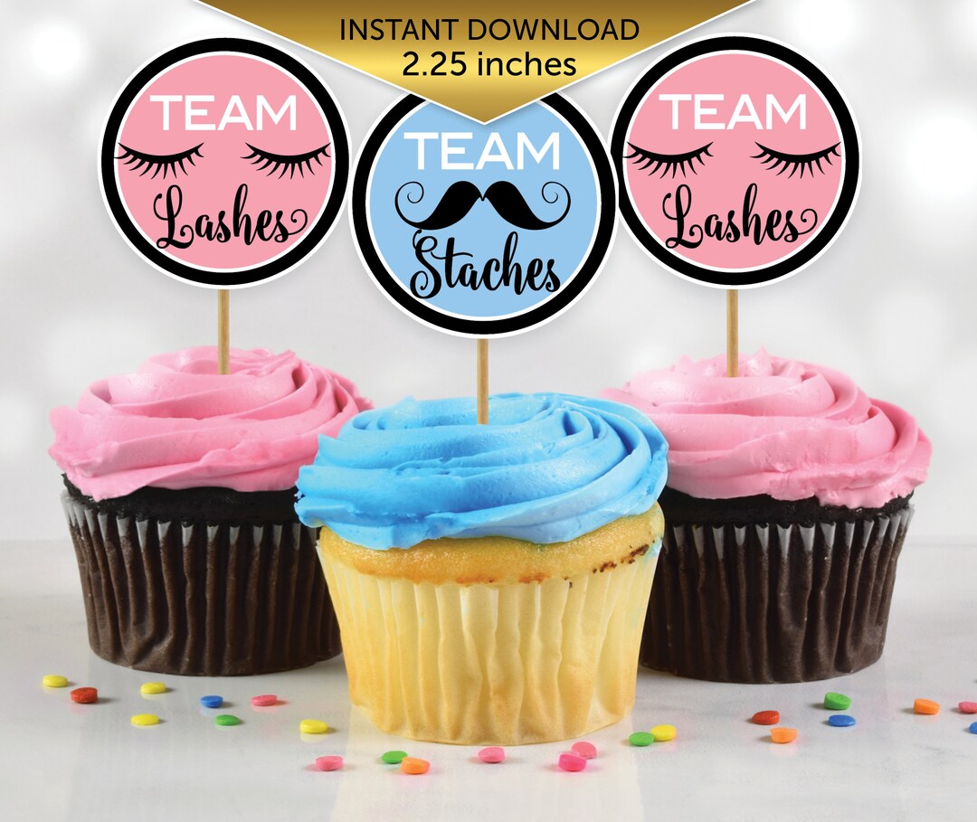 Gender Reveal Team Lashes or Team Staches Cupcake Toppers | 2.25 Inches ...