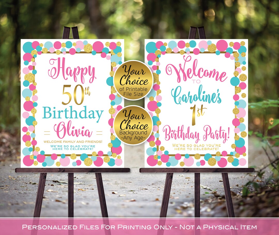 Personalized Birthday Welcome Sign: Pink, Teal & Gold (printable ...