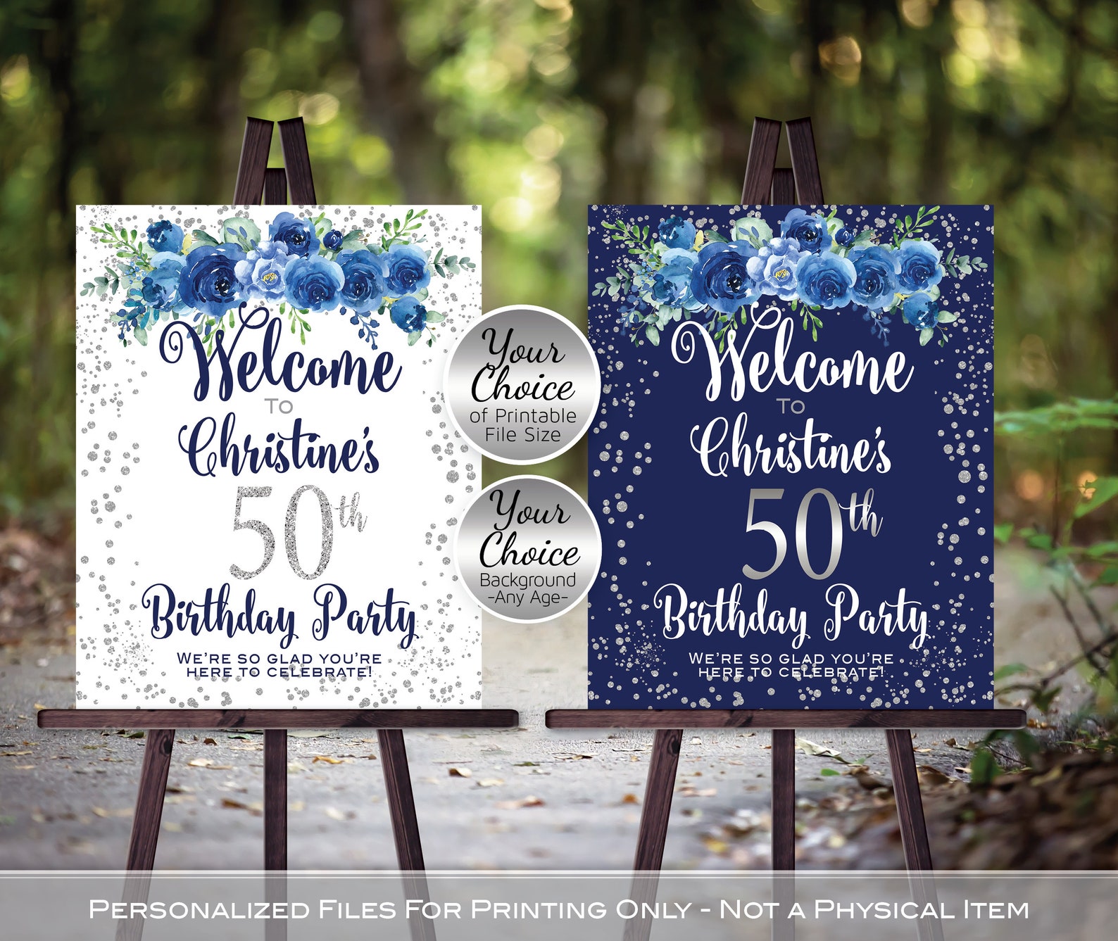 Birthday Welcome Sign Printable Navy Blue Flowers Silver - Etsy