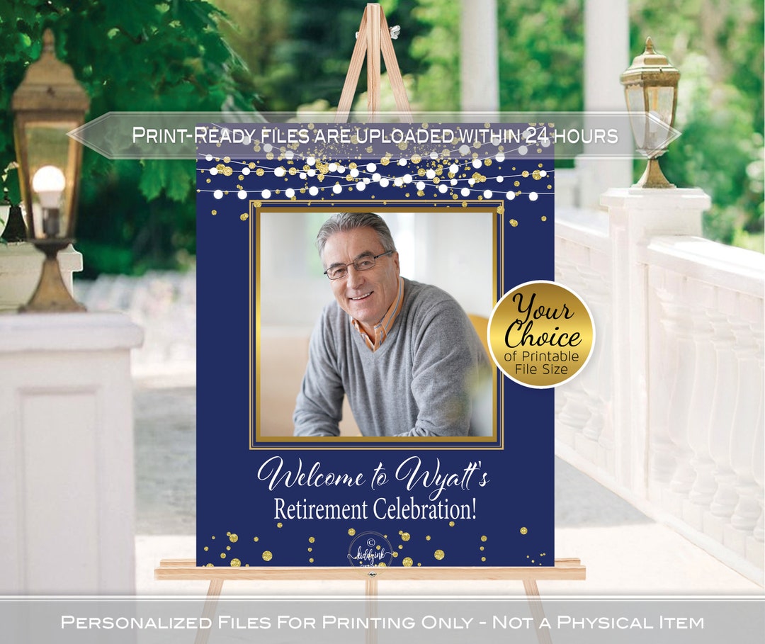 Retirement Welcome Sign Files | Navy Blue With Photo | Garland Lights ...