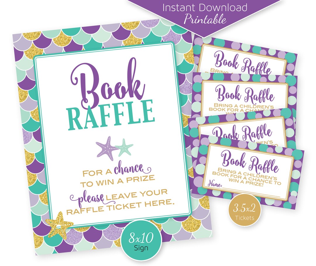 Book Raffle 8x10 Sign and Tickets for Baby Shower Mermaid Theme Purple ...