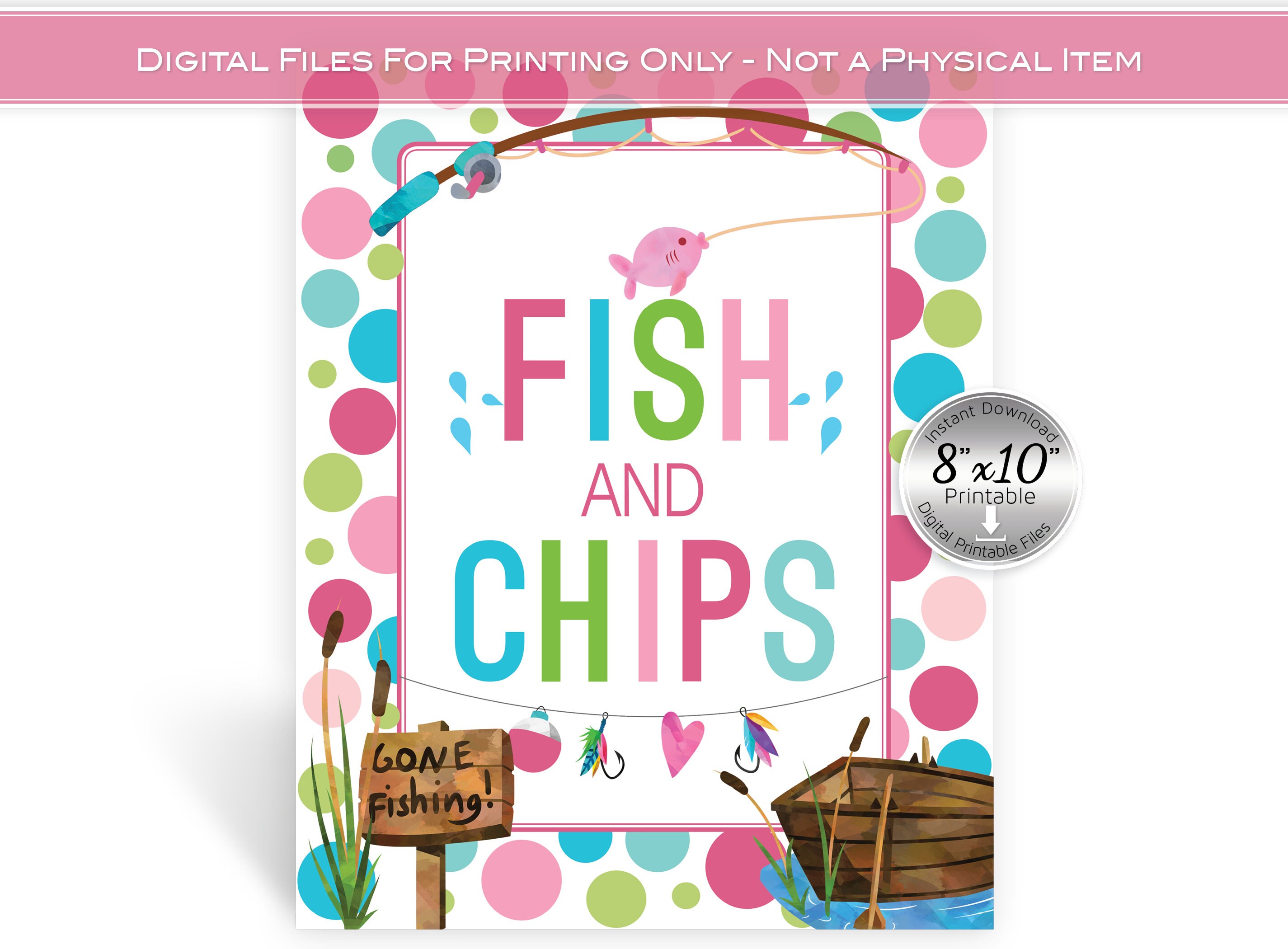 Fish and Chips 8x10 Printable Sign Girl's Fishing Theme Pink Aqua Green ...