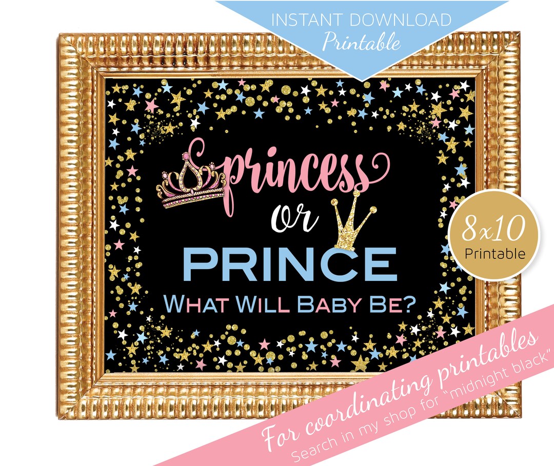 Princess or Prince Gender Reveal 8x10 Sign Printable Midnight Pink Blue ...