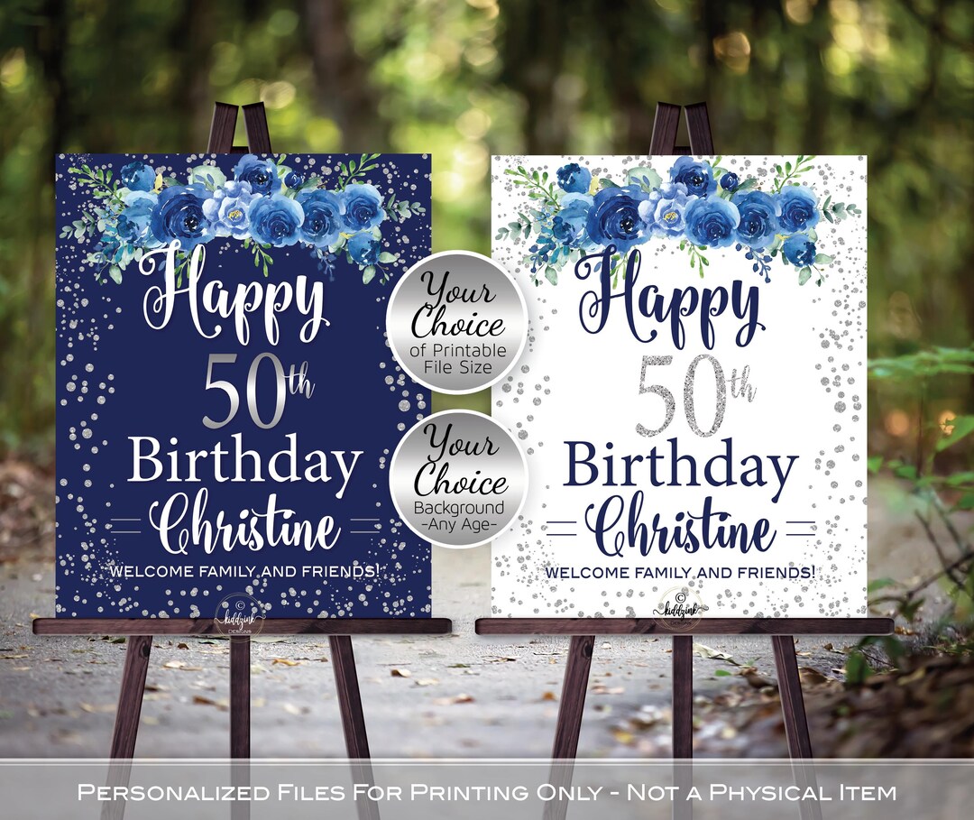 Happy Birthday Sign Printable in Navy Blue Flowers and Silver Confetti ...