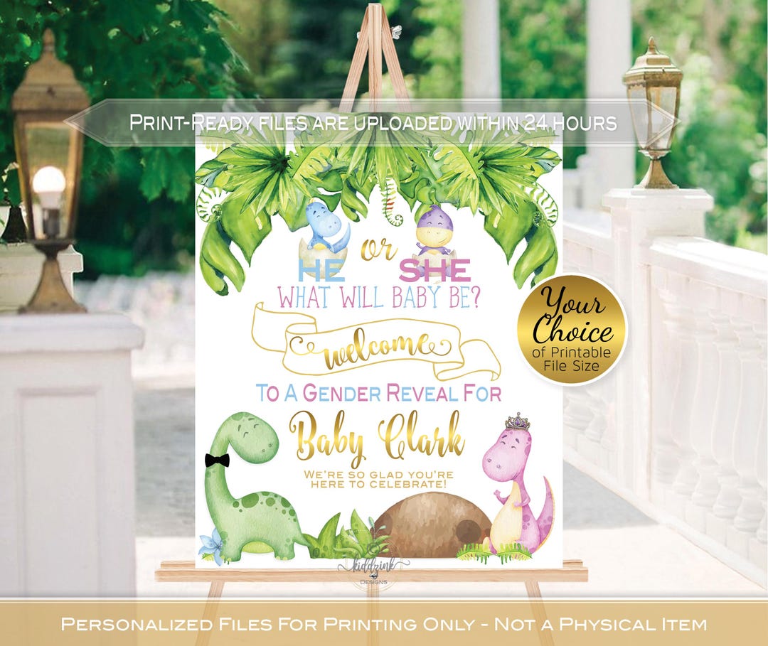 Dinosaur Gender Reveal He or She Welcome Sign Printable | Personalized ...