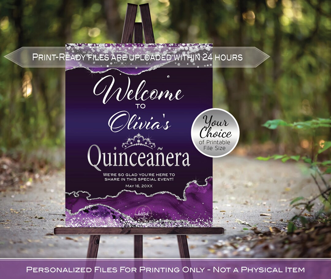 Quinceañera Welcome Sign Printables Purple Agate and Silver Confetti ...