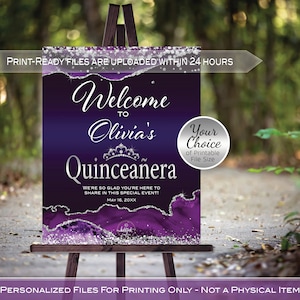 Quinceañera Welcome Sign Printables Purple Agate and Silver Confetti ...
