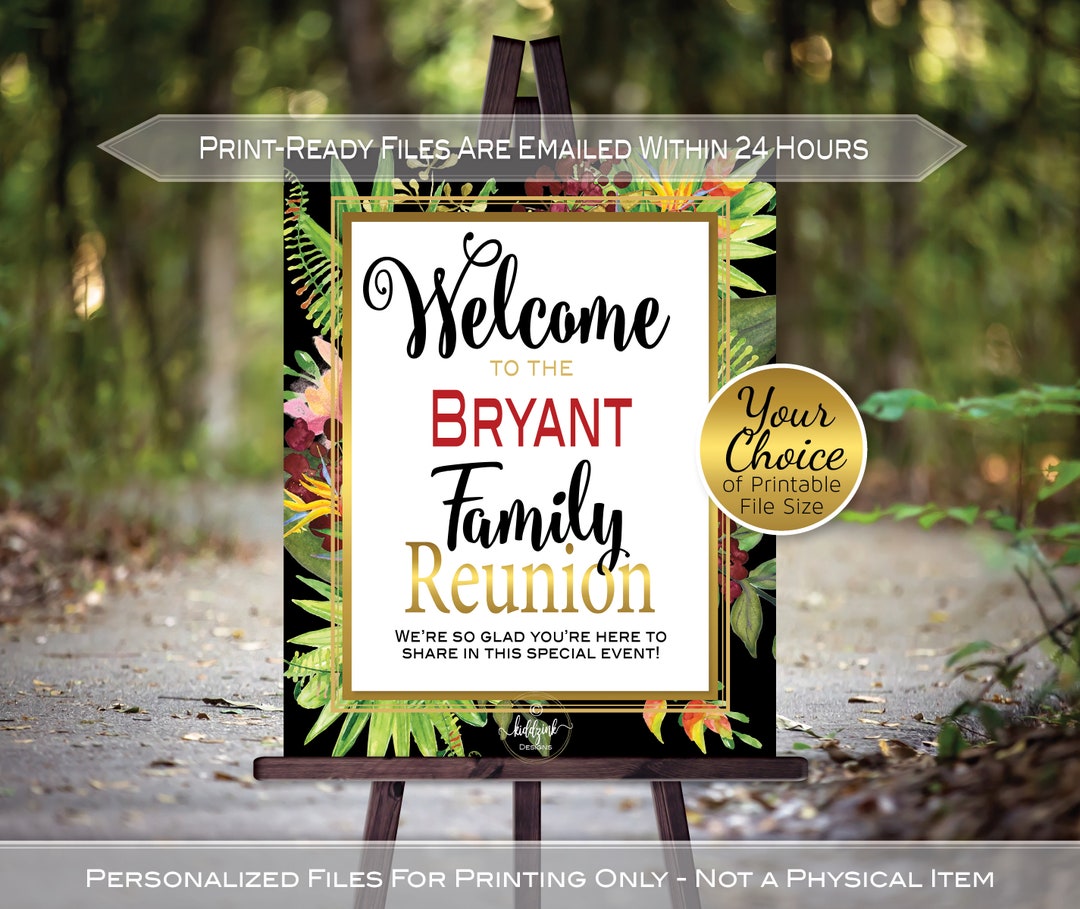 Family Reunion Welcome Sign Printable | Tropical Palm Leaves on Black ...