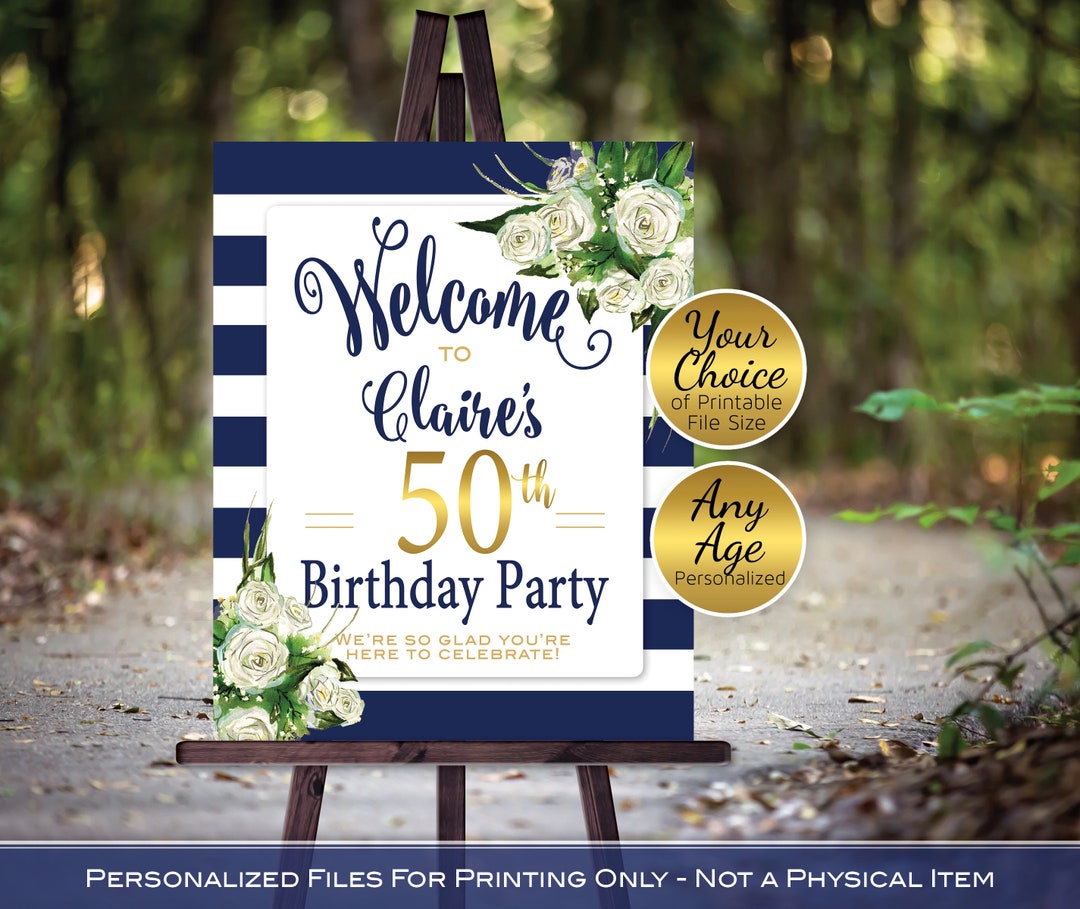 Birthday Welcome Sign Printable Any Age Navy White Stripes - Etsy