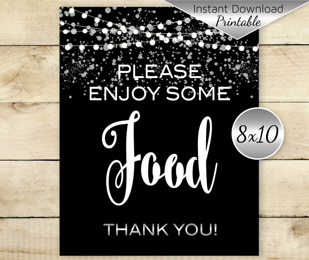 Food Table Sign 8x10 on Black Faux Silver Confetti and Garland Lights ...