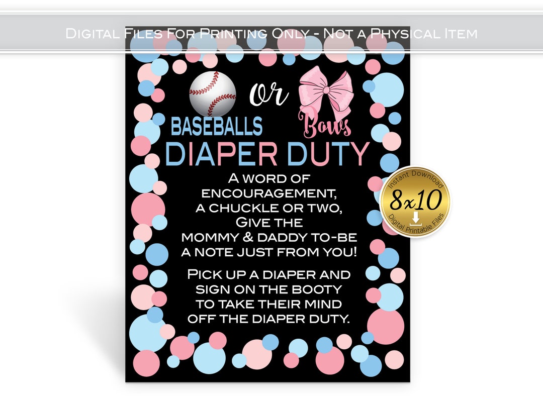 Diaper Duty Printable 8x10 Sign | Baseballs or Bows | Gender Reveal ...