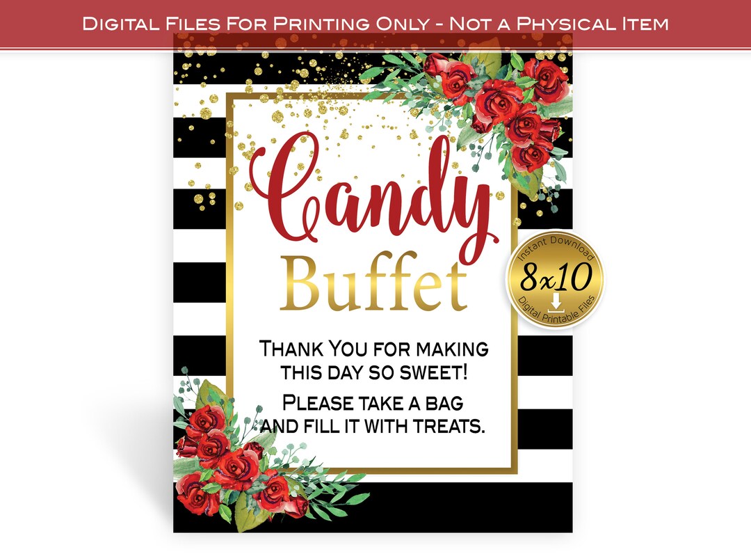 Candy Buffet Table Sign 8x10 Printable Black White Stripes Red Roses ...
