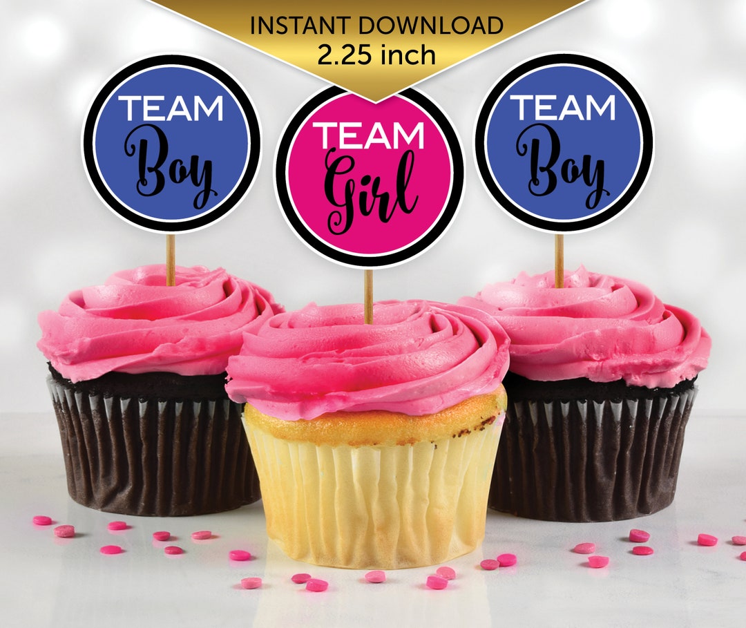 Gender Reveal Team Boy or Team Girl Cupcake Toppers | 2.25 Inches Round ...