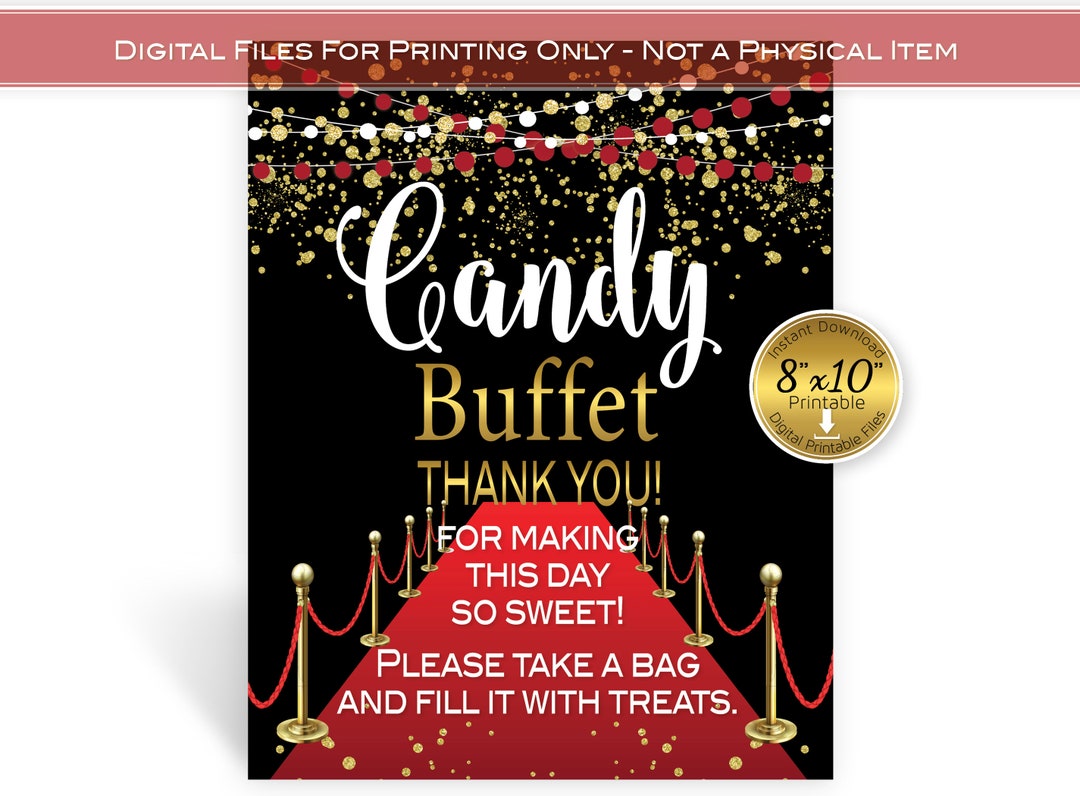 Candy Buffet Sign 8x10 Printable | Red Carpet | Gold Confetti Garland ...
