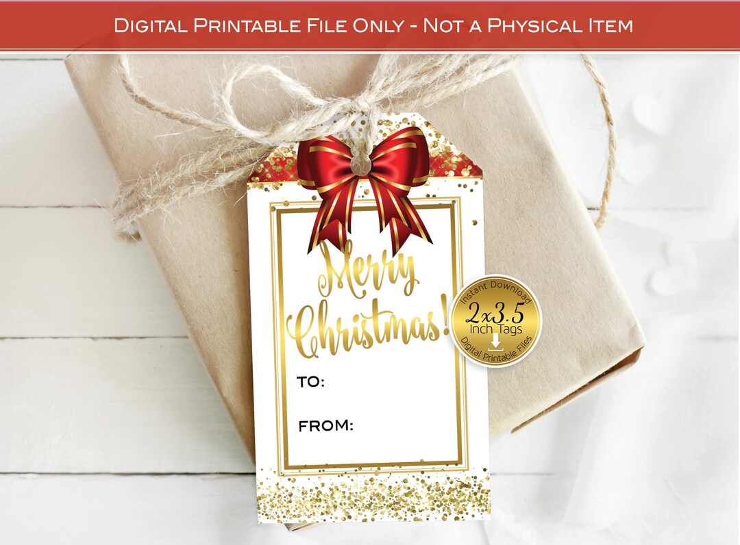 Christmas to and From Gift Tags | 2x3.5 | Red Bow and Gold Confetti on ...