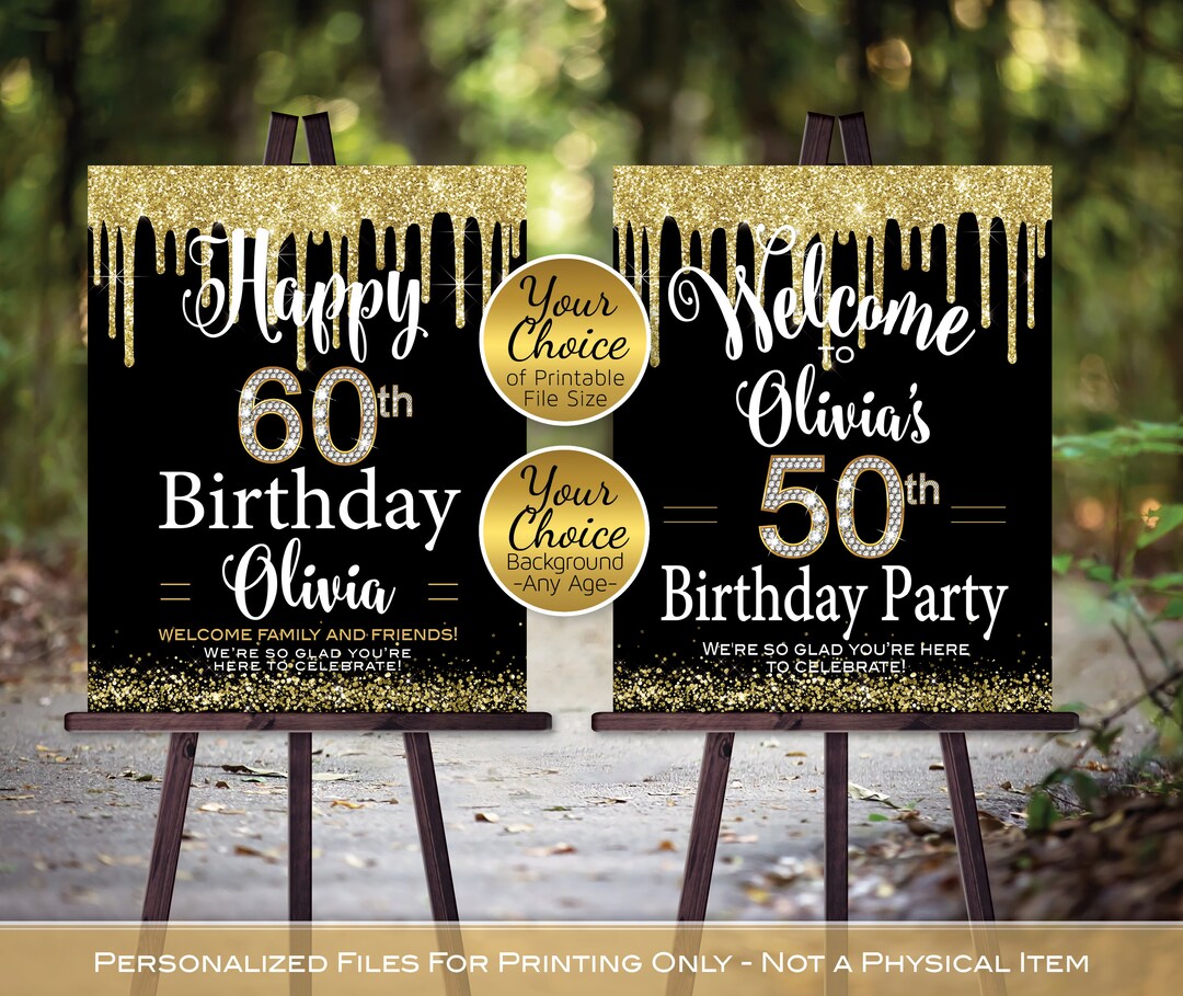 Gold Drips And Diamonds Birthday Welcome Sign Printables On Black 40th