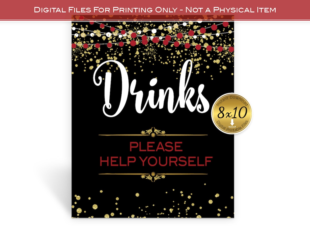 Drinks Table Sign | 8x10 Printable | Red Black Gold | Birthday ...