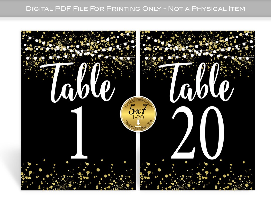 Table Number Signs 1-20 | 5x7 | Garland and Gold Confetti on Black ...