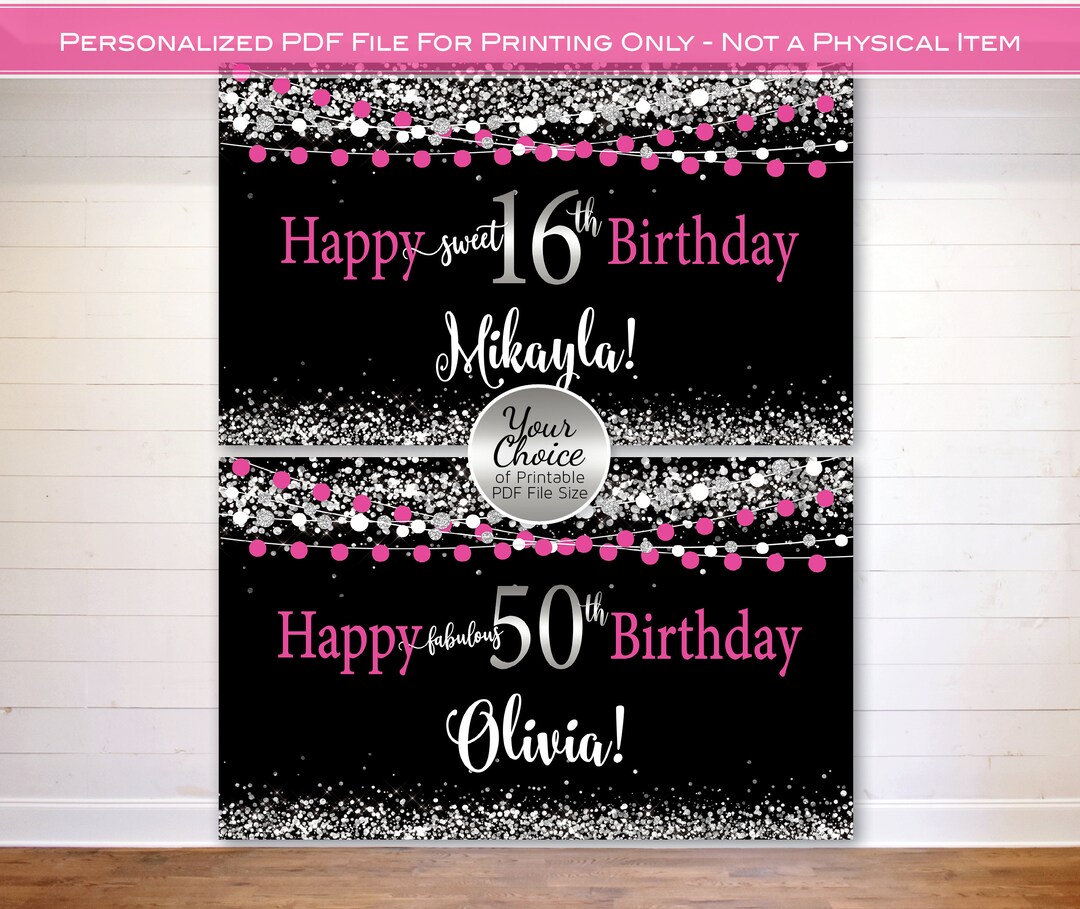 Birthday Backdrop Banner Printable Files | Hot Pink Silver | Woman's ...