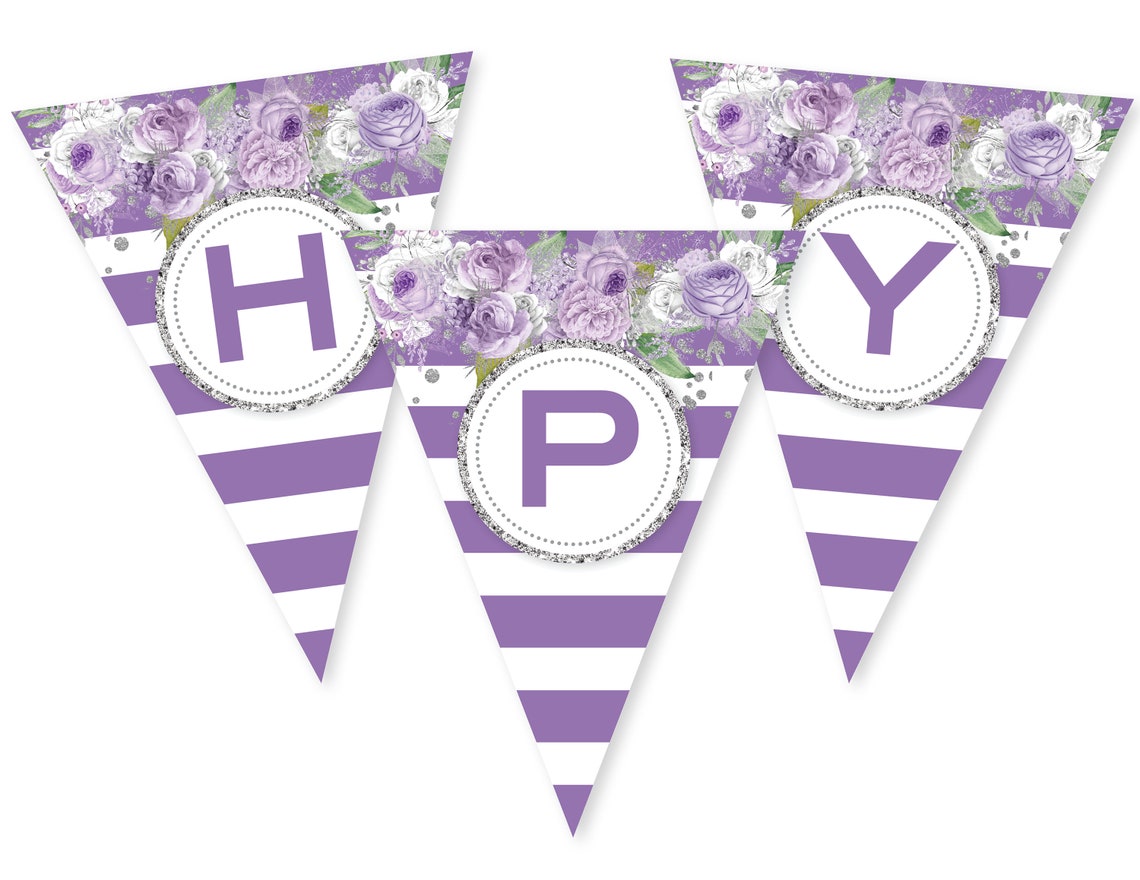 Happy Birthday Pennant Banner Lavender Purple Silver Floral - Etsy