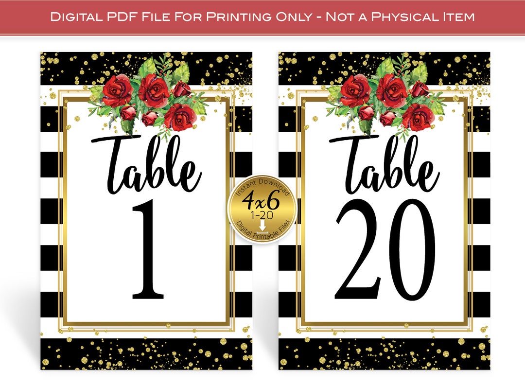 Table Number Signs 1-20 | 4x6 | Black and White Stripes With Red Roses ...