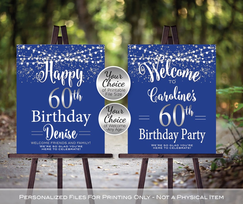 Royal Blue Birthday Welcome Sign: Silver Accents, Any Age (digital ...