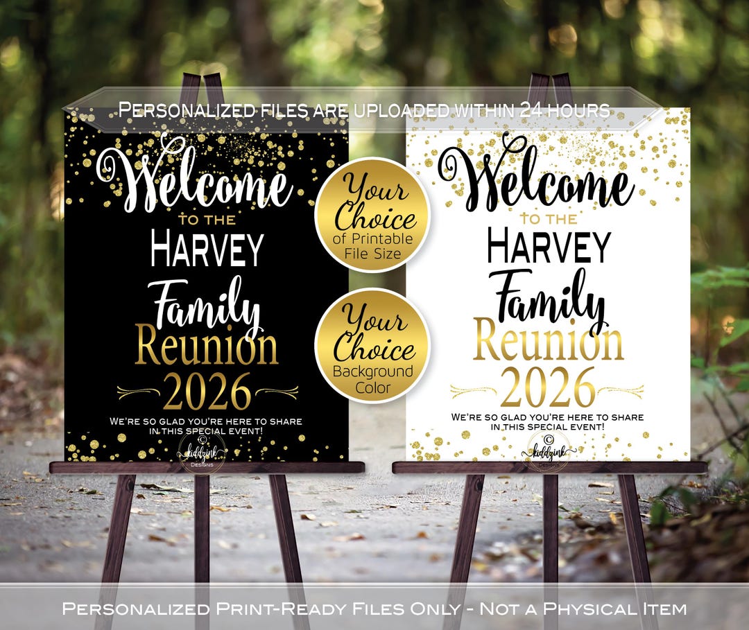 Family Reunion Personalized Welcome Sign | Gold Confetti on White or ...