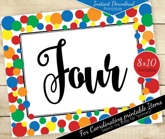 4th Birthday Age Four 8x10 Table Sign Primary Colors Blue | Etsy