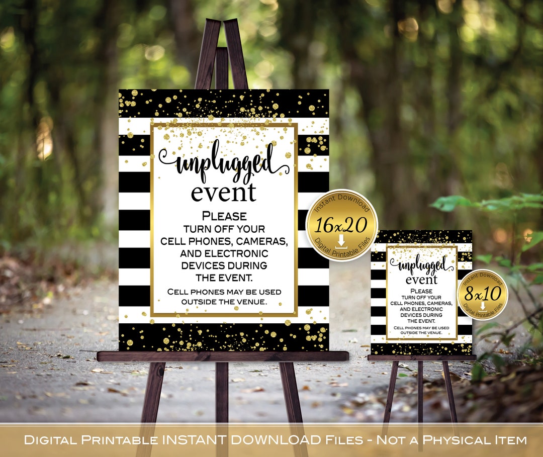 Unplugged Event Sign Printables Black White Stripes With Gold Confetti ...