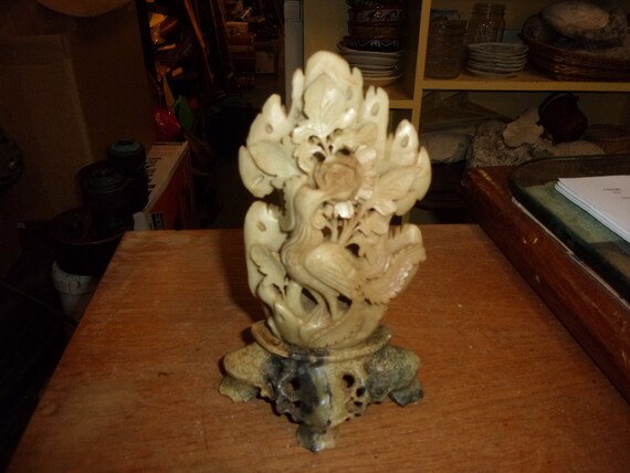 Carved Soapstone Phoenix and Flower Sculpture - Etsy