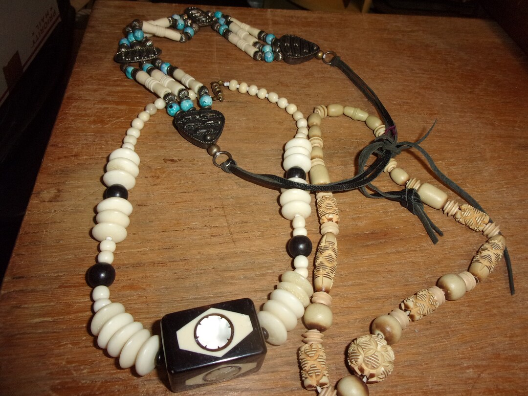 Three Primitive Hand Made Necklaces Beaded, Carved Vintage - Etsy