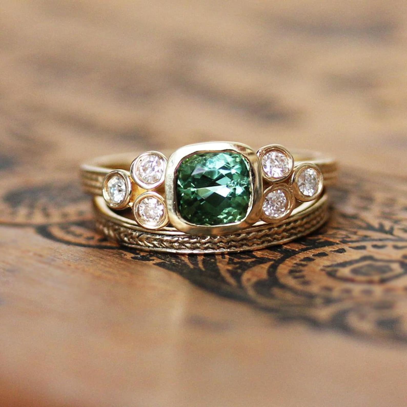 Green Tourmaline Engagement Ring Set for Women Cushion Cut | Etsy