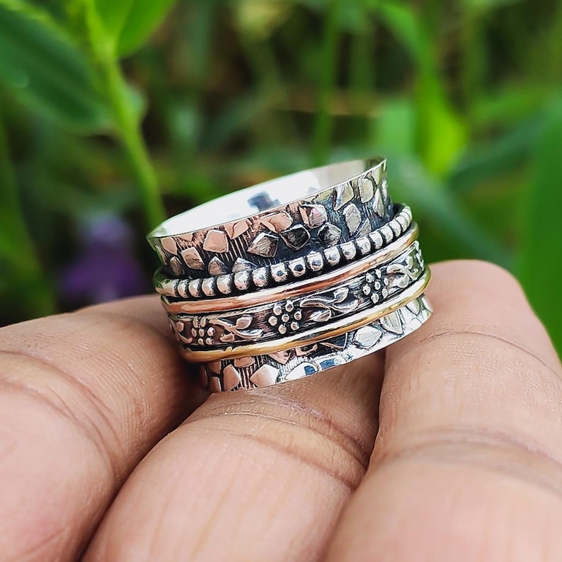 Handmade Sterling Silver Spinner Ring: Three-tone Meditation Jewelry - Etsy
